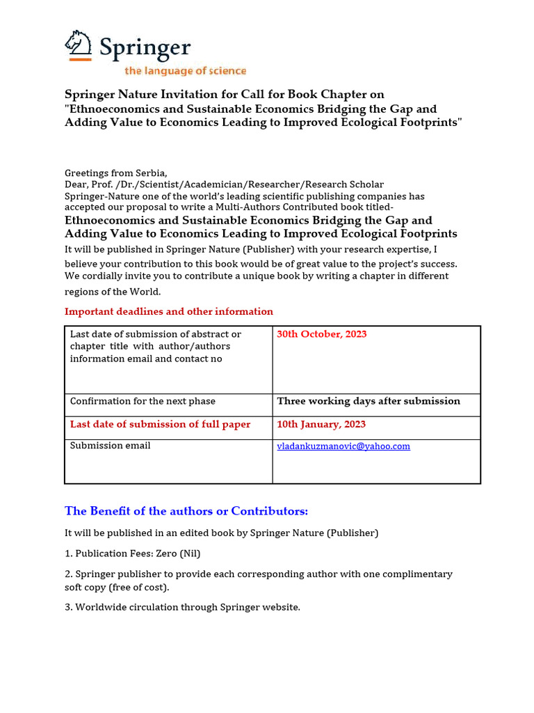 Springer Nature Invitationfor Callfor Book Chapter Ethnoeconmicsand ...