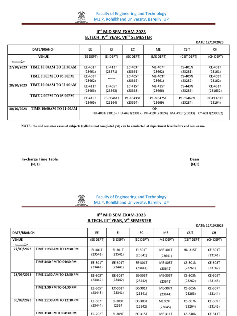 B.Tech Mid Sem Exam Schedule 2023 | PDF | Science & Mathematics