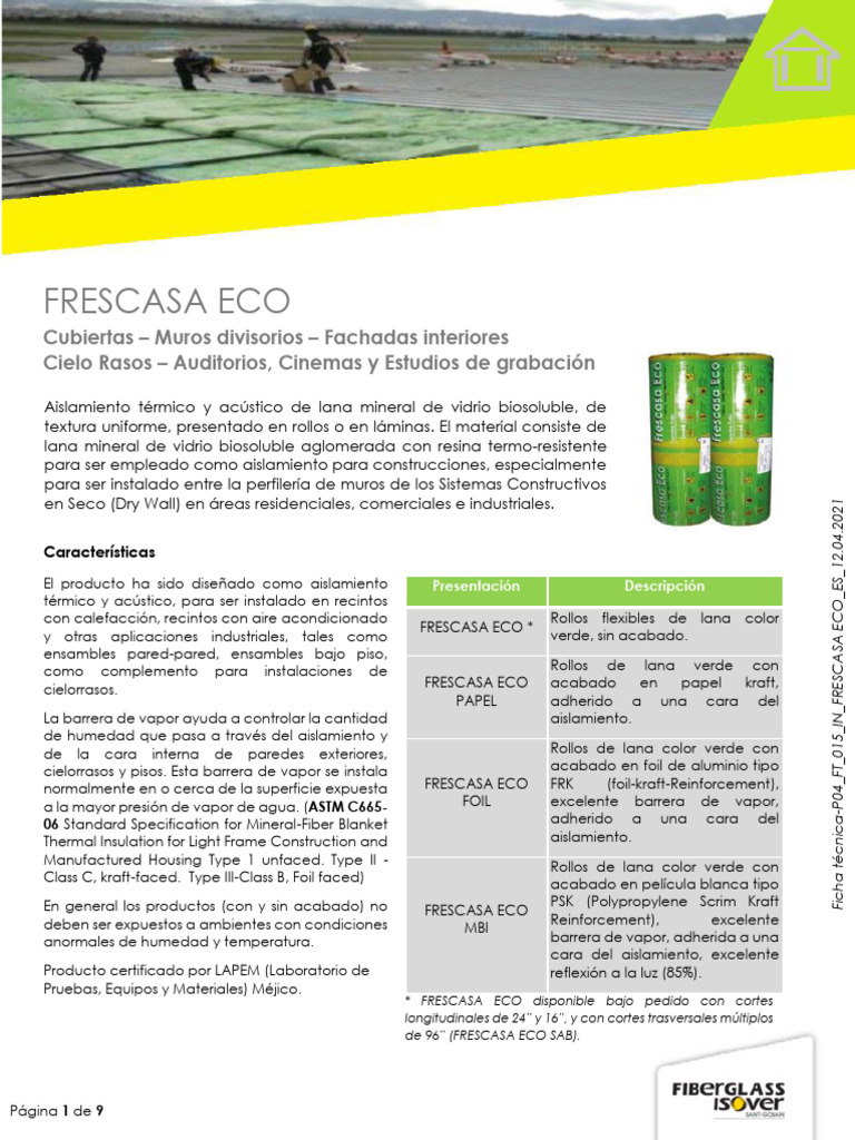 Lana Acústica FIBERGLASS Frescasa Eco Sab Precortada | PDF ...