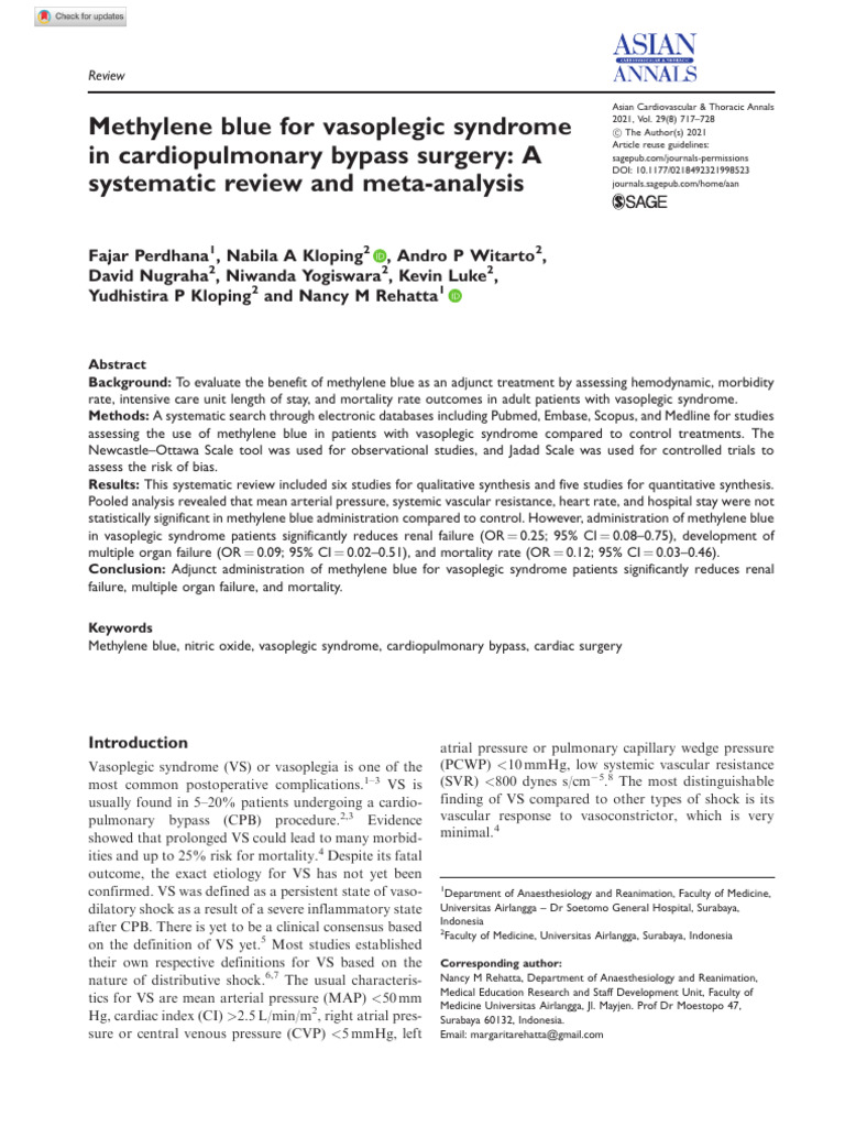 Perdhana Et Al 2021 Methylene Blue For Vasoplegic Syndrome In