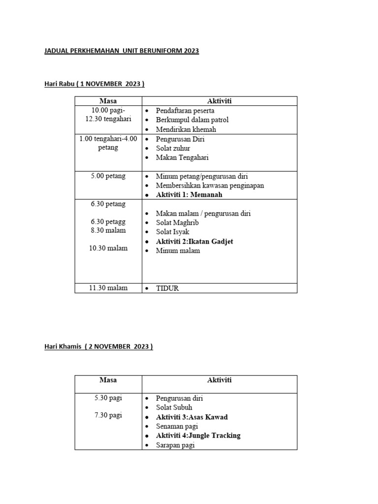 Jadual Perkhemahan Unit Beruniform 2023 | PDF
