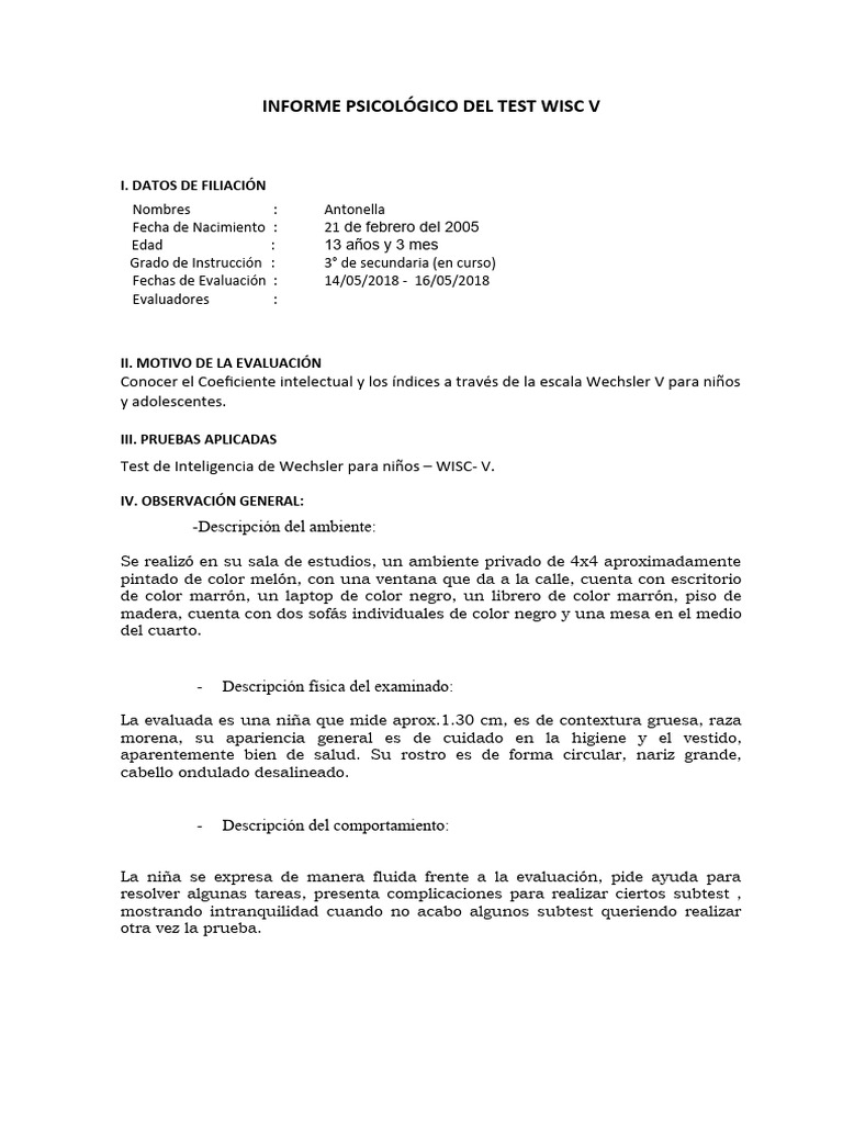 Modelo de Informe Wisc 5 Mas Simple | PDF | Neurociencia | Psicología cognitiva