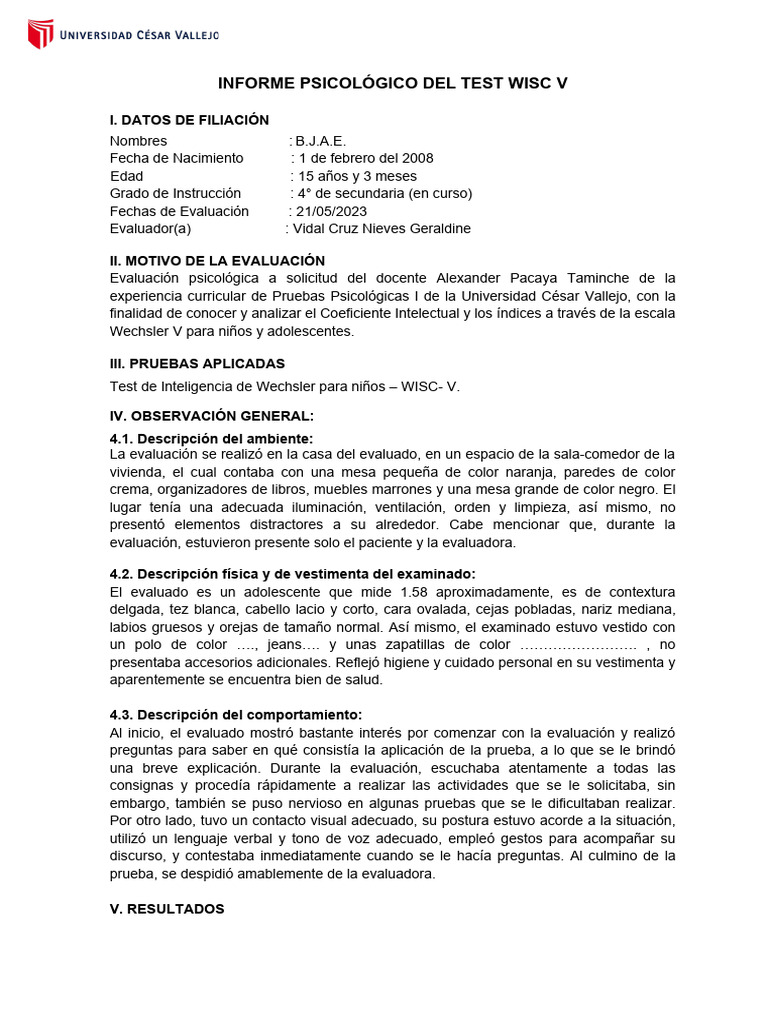 Informe Wisc V Completo | PDF