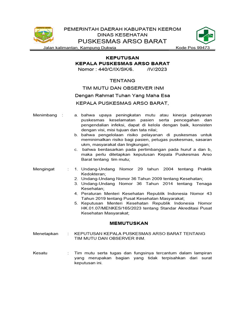 SK Tim Mutu Dan Observer PKM Arbar-1 | PDF