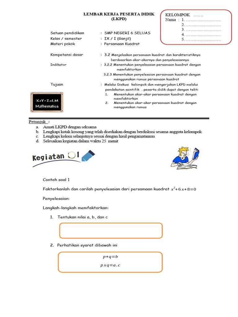LKPD P2 Persamaan Kuadrat | PDF | Metode & Bahan Ajar