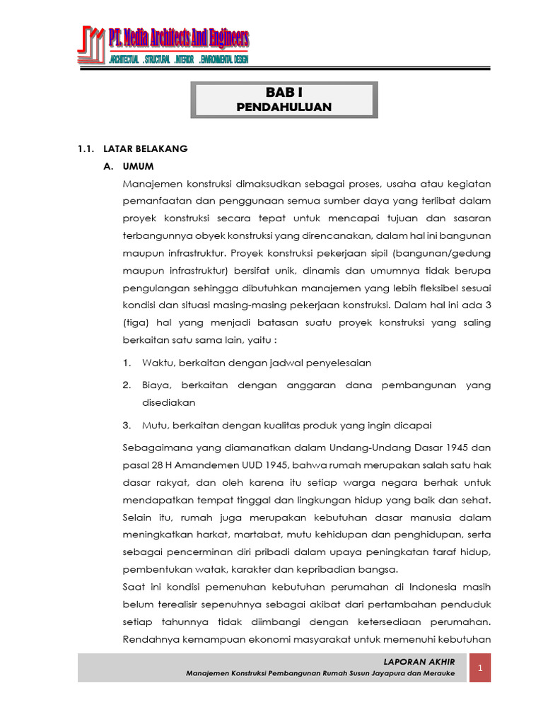 Lap Pendahuluan Bab I Proyek Rumah Susun Kingmi Dan Merauke | PDF