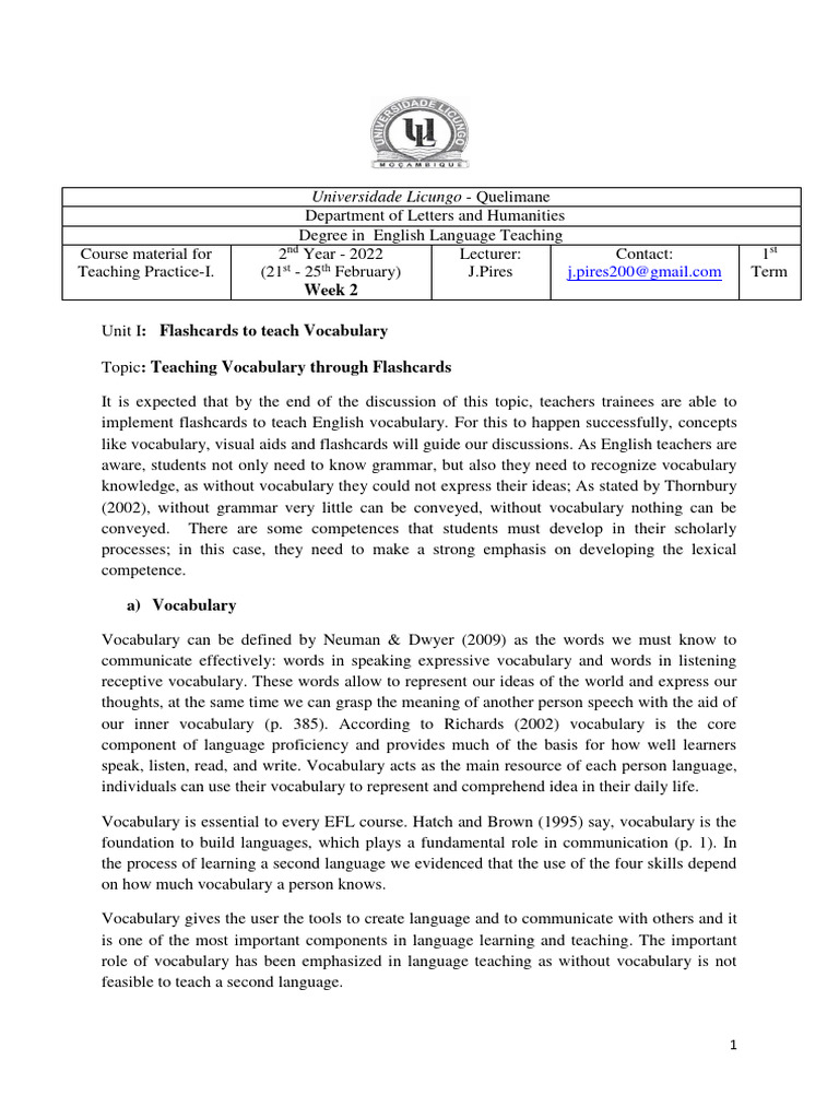 Week 2 Using Flashcards To Teach Vocabulary Pdf Vocabulary