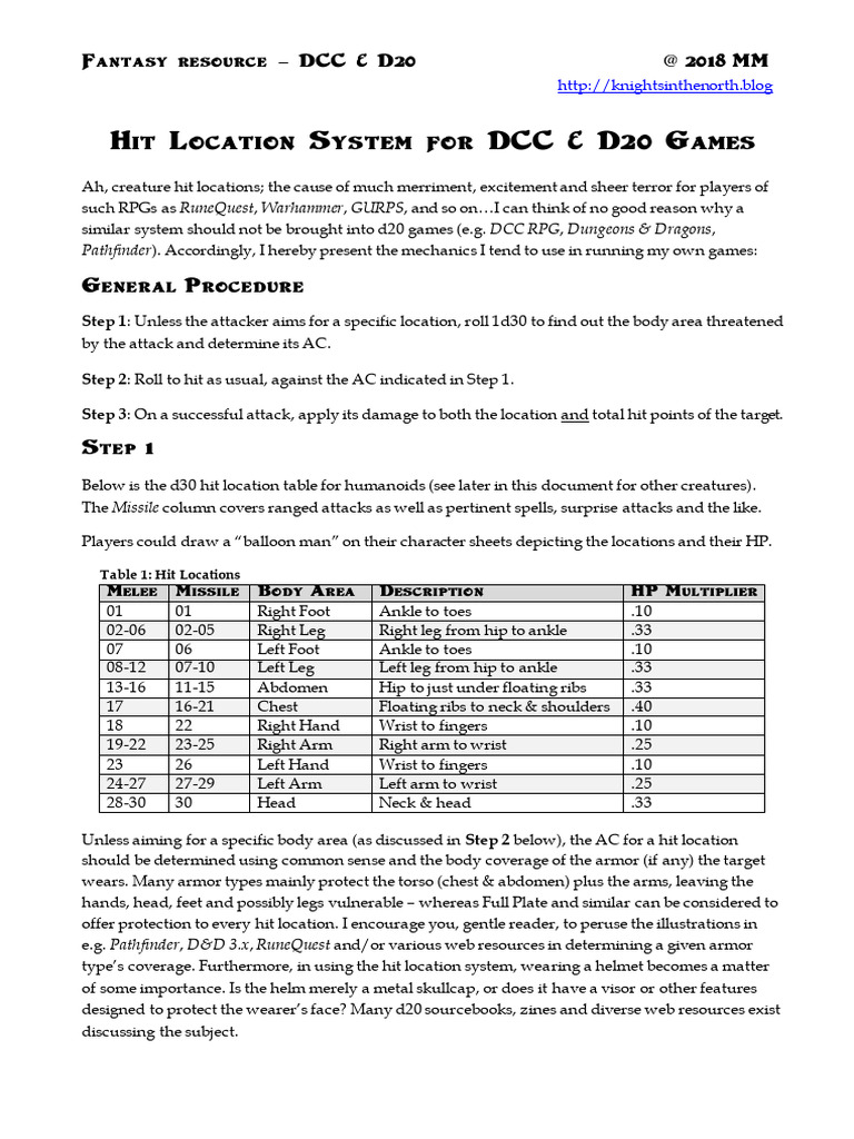 Hit Locations For dccd20 MM | PDF | Armour | D20 System