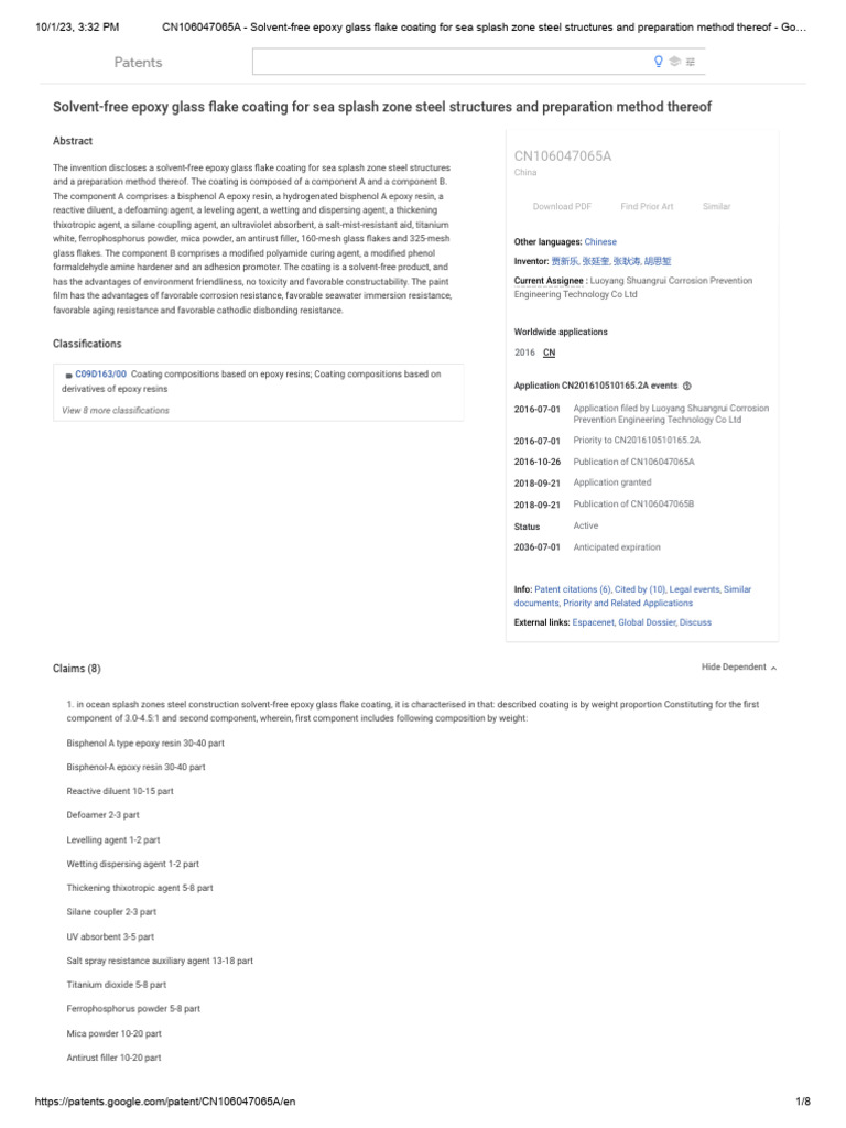 CN106047065A - Solvent-Free Epoxy Glass Flake Coating For Sea Splash Zone Steel Structures and ...