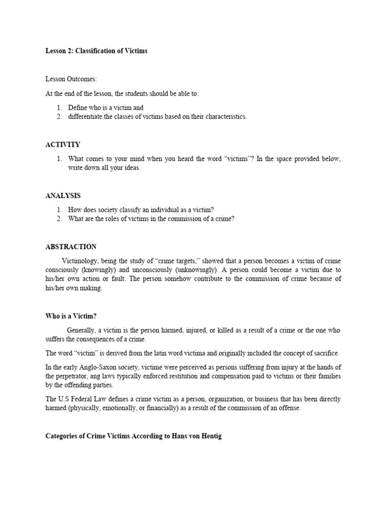 Lesson 2: Classification of Victims | PDF | Victimology | Crimes