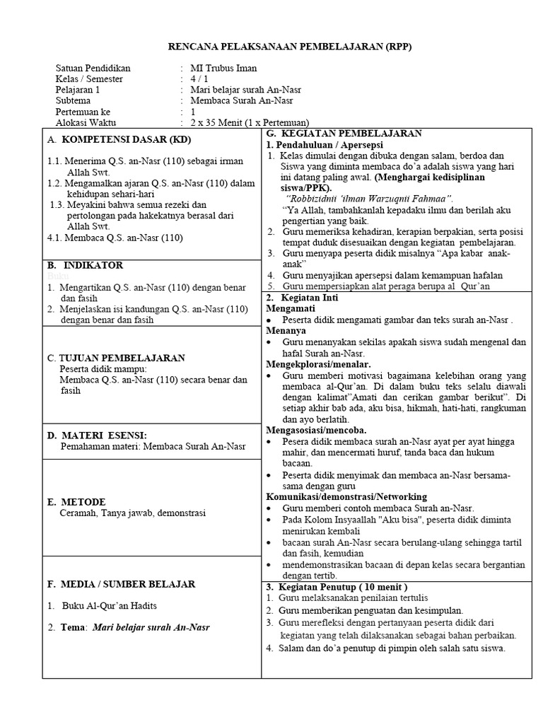 RPP Daring 1 Lembar A. Hadits Kelas 4 Semester 1 | PDF