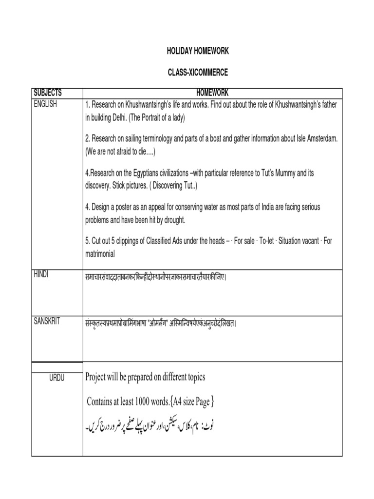 Holiday Homework Class 11-c | PDF