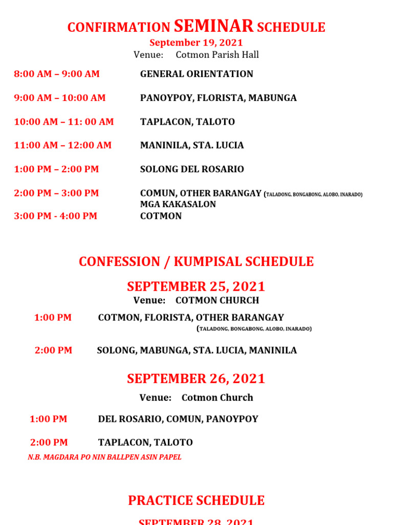 Cotmon Confirmation Seminar Schedule | PDF | Social Science
