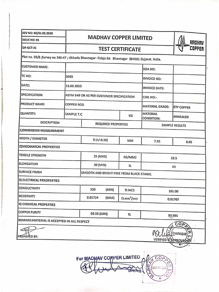 Factory Quality Certificate | PDF