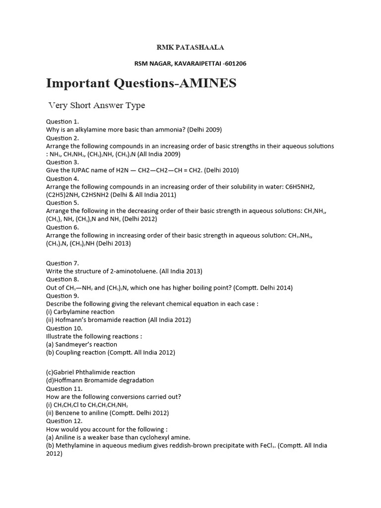 Amines CBSE Board Question Paper | PDF