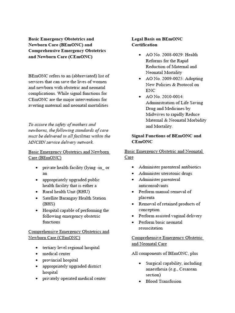 Basic Emergency Obstetrics and Newborn Care | PDF | Childbirth | Obstetrics