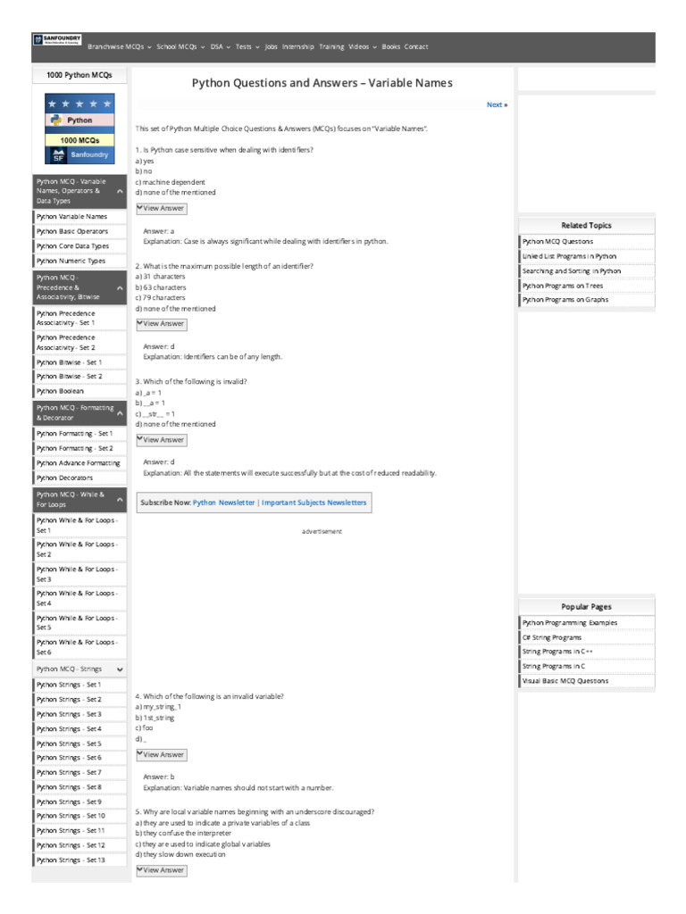 WWW Sanfoundry Com Python Questions Answers Variable Names | PDF | Multiple Choice | Python ...