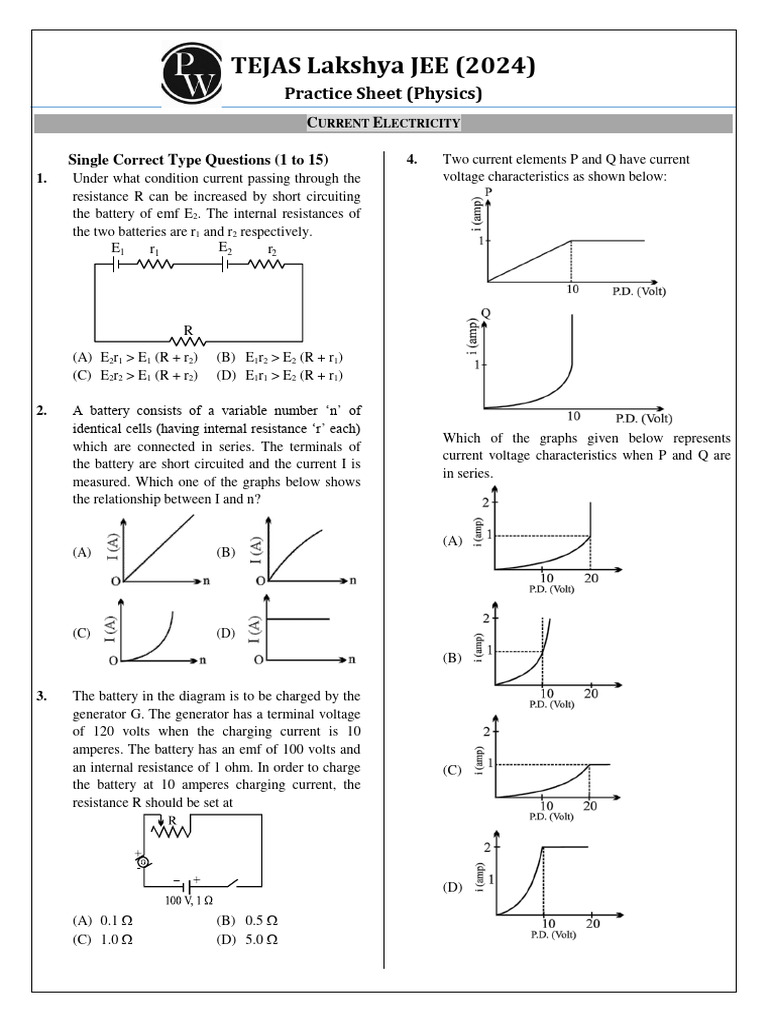 JEE Current Electricity Practice Sheet | PDF | Electrical Resistance ...
