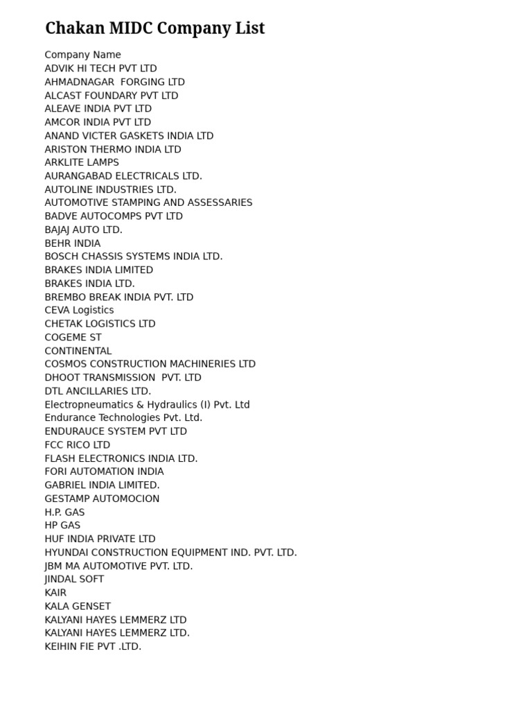 Chakan MIDC Company List | PDF | Companies | Motor Vehicle