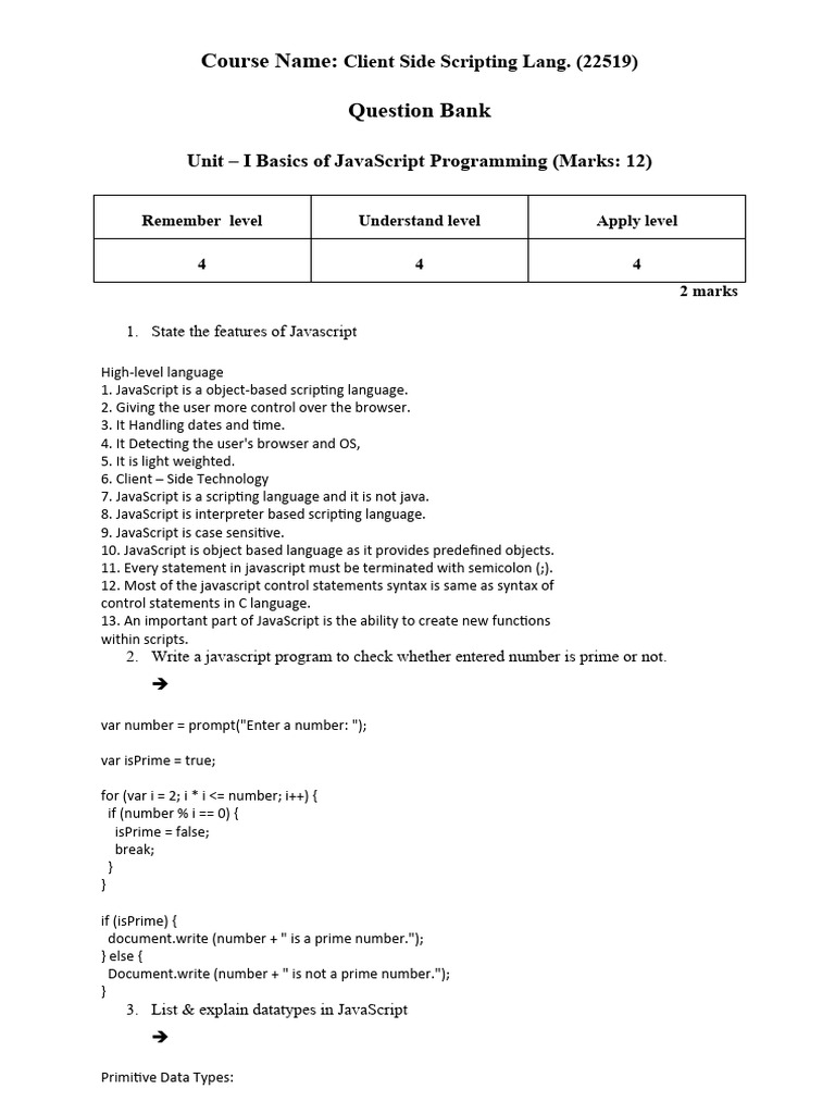 Question Bank | PDF | Java Script | Programming Paradigms Question Bank | PDF | Java Script | Programming Paradigms