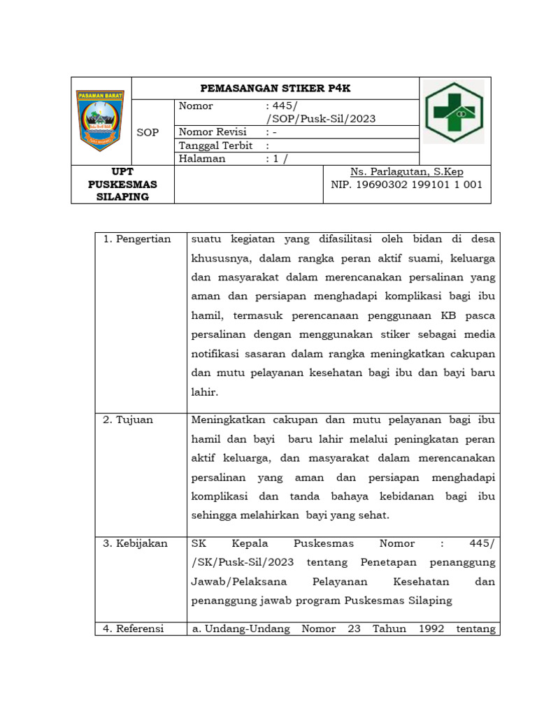 SOP PEMASANGAN STIKER P4K Silaping | PDF