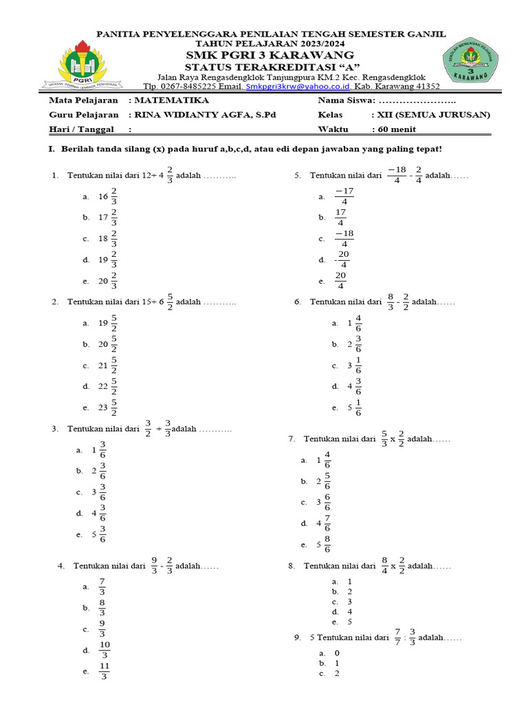 Soal Pts MTK Kelas Xi Semua Jurusan (Rina) | PDF