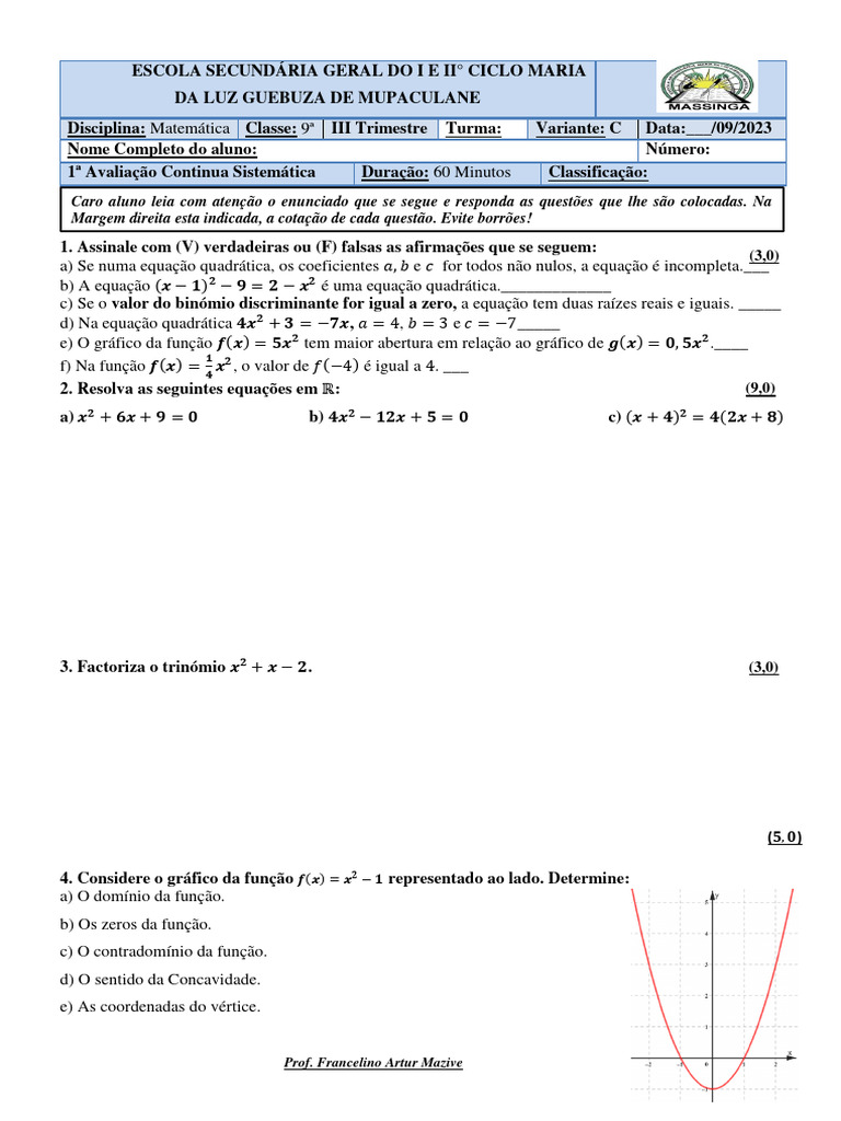 Teste 1 9 C Classe de Matematica III Trimestre | PDF