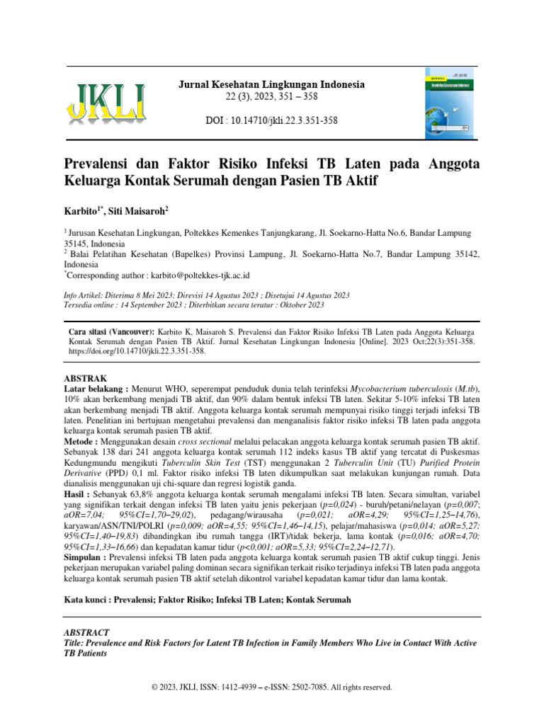 Prevalensi Dan Faktor Risiko Infeksi TB Laten Pada Anggota Keluarga ...