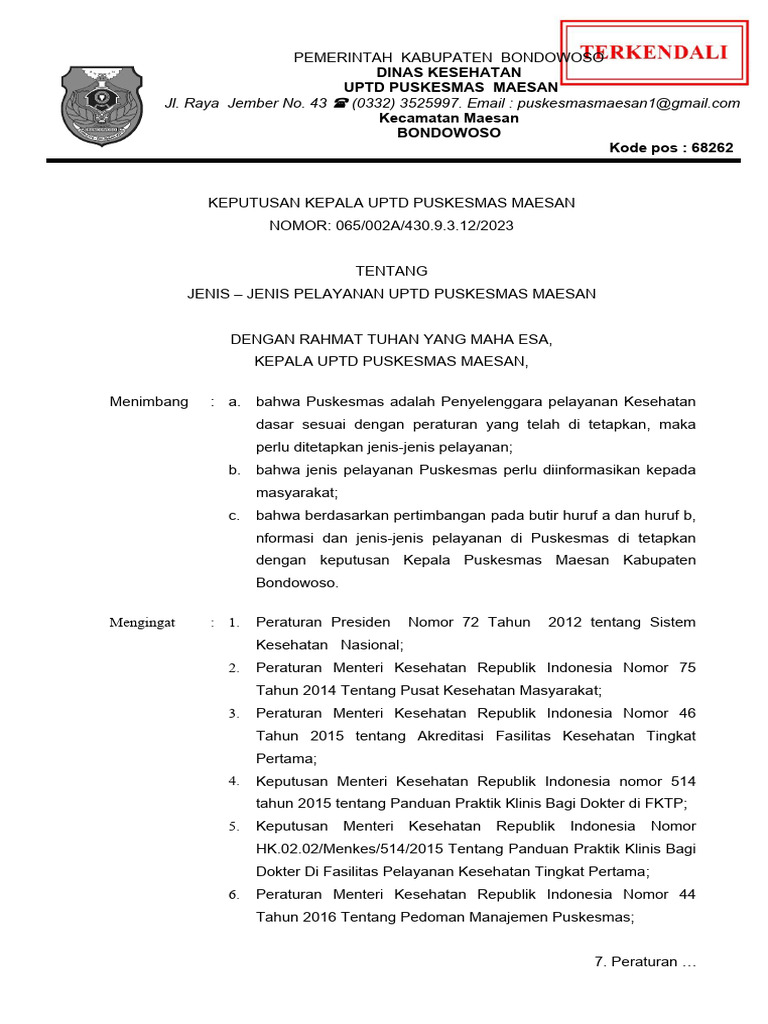 SK Jenis-Jenis Pelayanan Di Puskesmas Maesan | PDF