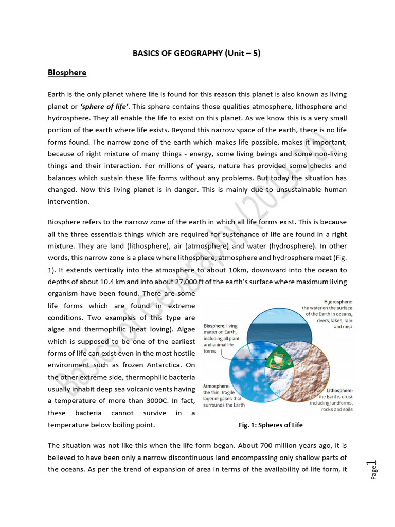 Basics of Geography (Unit - 5) Biosphere: Fig. 1: Spheres of Life | PDF
