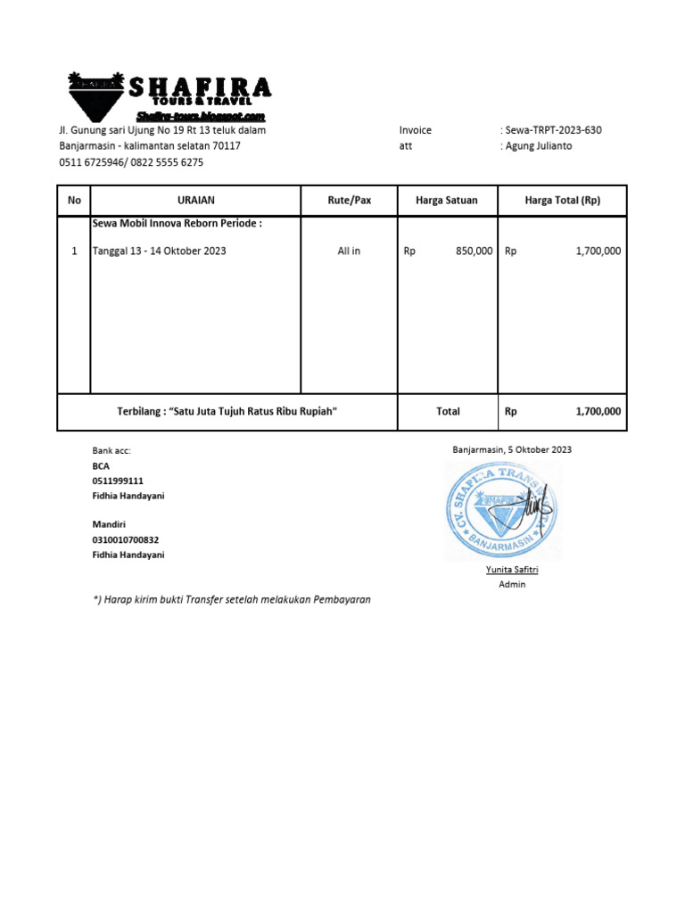 Invoice Sewa Mobil Innova 2023 | PDF