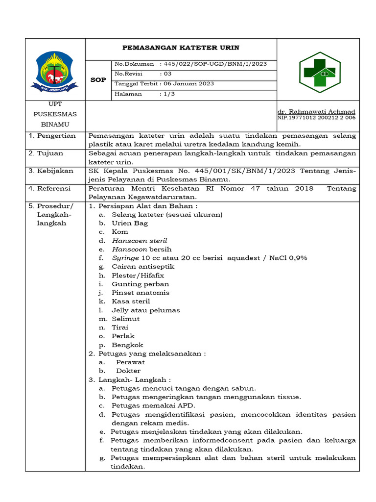 Sop Pemasangan Kateter Urin | PDF