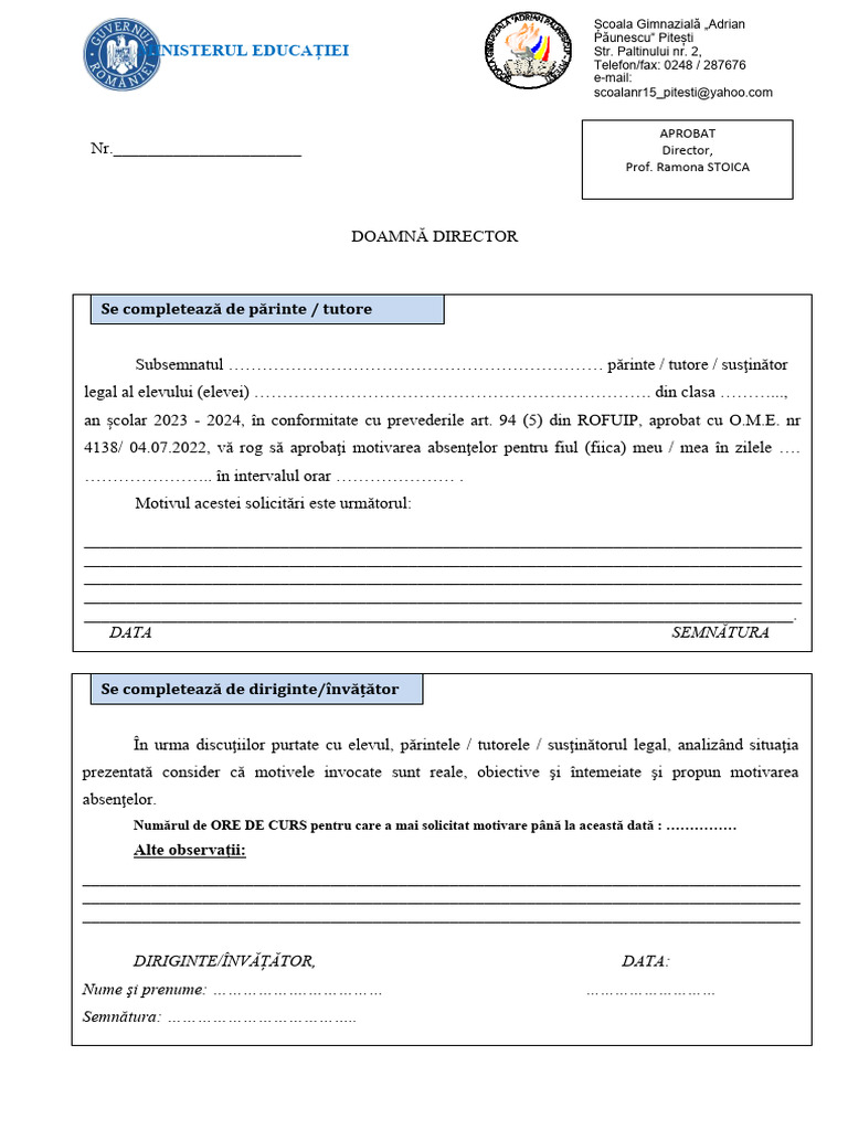 Cerere Motivare Absente Elevi | PDF