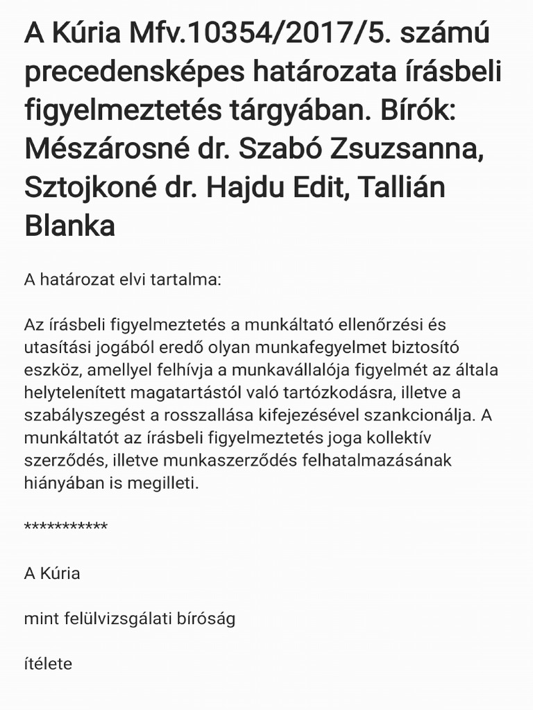 Írasbeli Figyelmeztetés Kúria | PDF