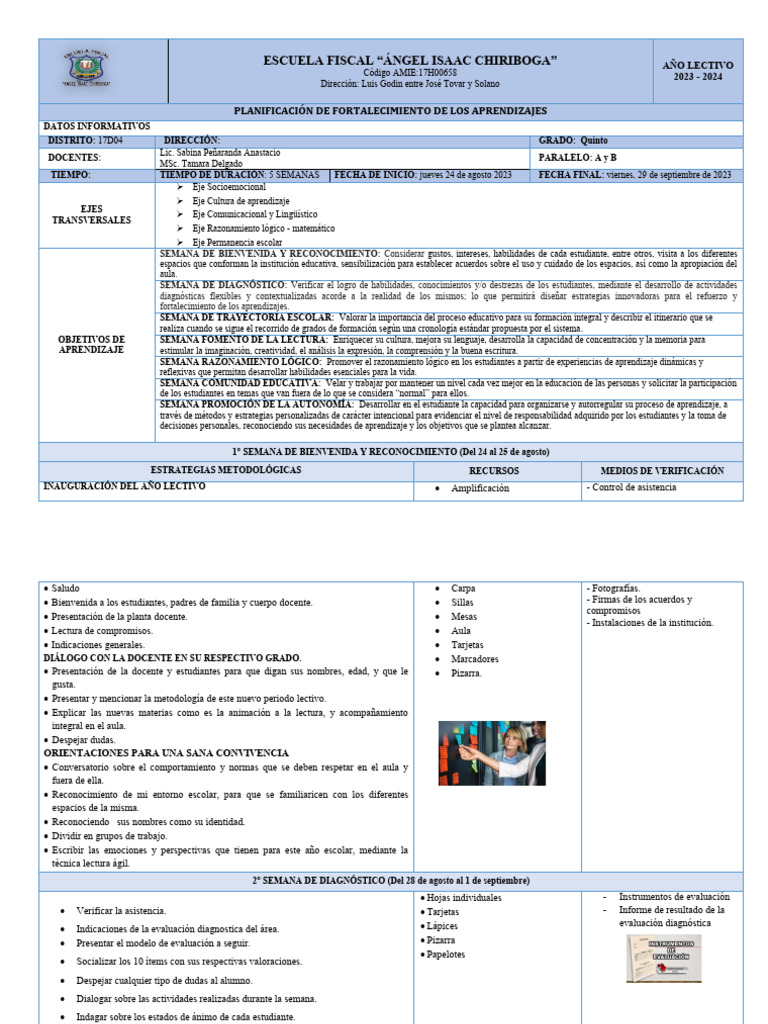 Planificacion 7 Semanas 5to Grado 2023 | PDF