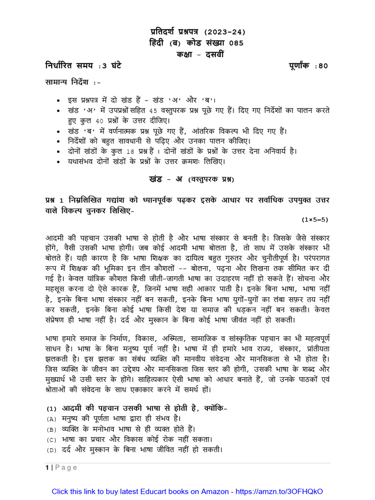 Hindi B 2023-24 SQP | PDF