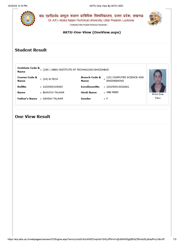 AKTU B.Tech CSE Semester Results | PDF