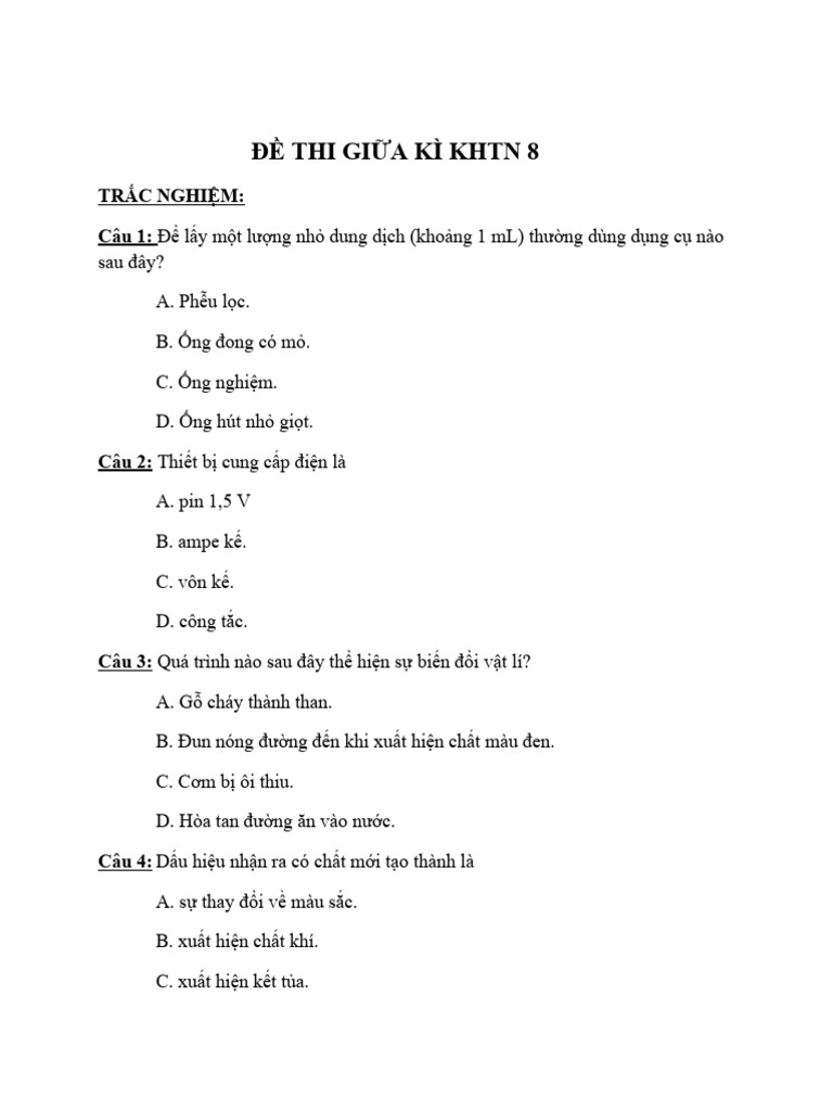 Đề Thi Giữa Kì Khtn 8 | PDF