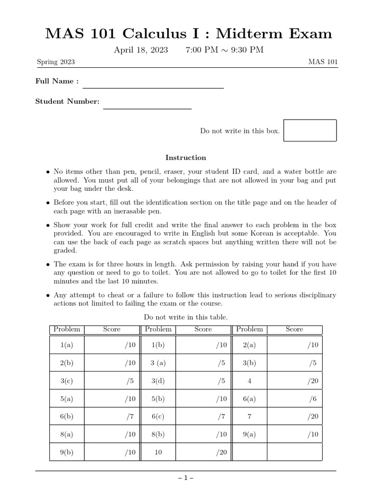 MAS 101 Calculus I: Midterm Exam: April 18, 2023 7:00 PM 9:30 PM | PDF