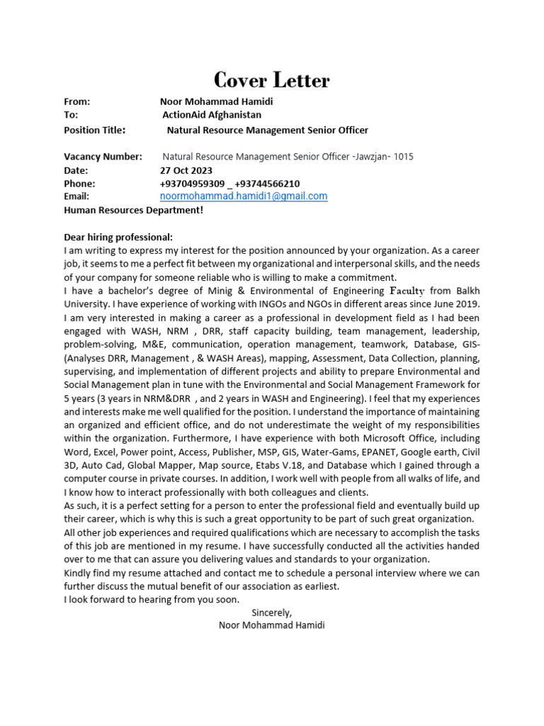 Noor Mohammad Hamidi Cover Letter | PDF | Geographic Information System ...