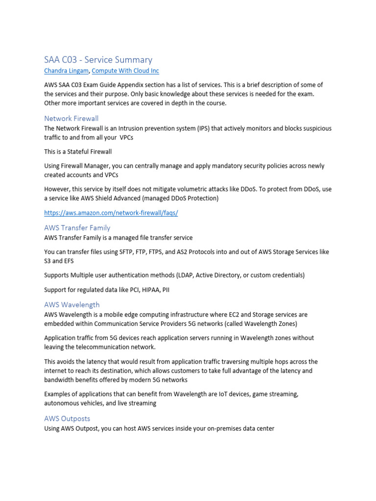 SAAC03-Services Summary | PDF | Cloud Computing | Amazon Web Services