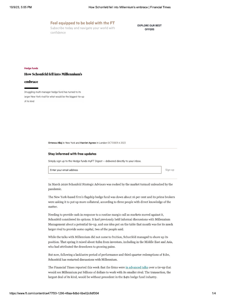 FT - How Schonfeld Fell Into Millennium's Embrace | PDF