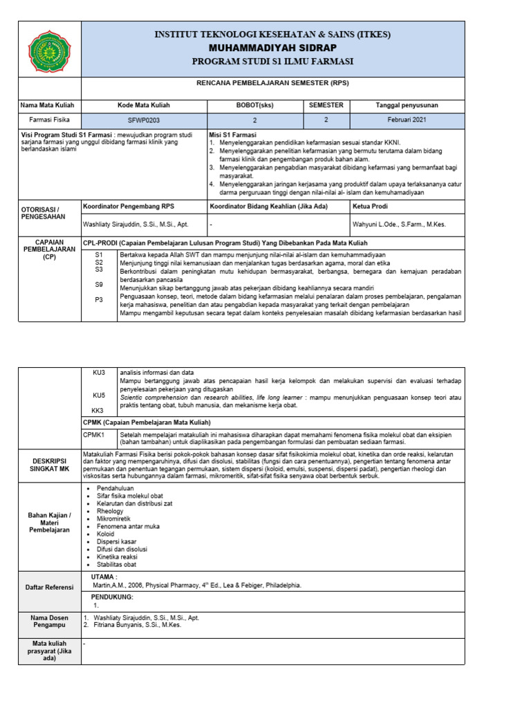 RPS Farmasi Fisika ITKES Sidrap | PDF | Sains & Matematika
