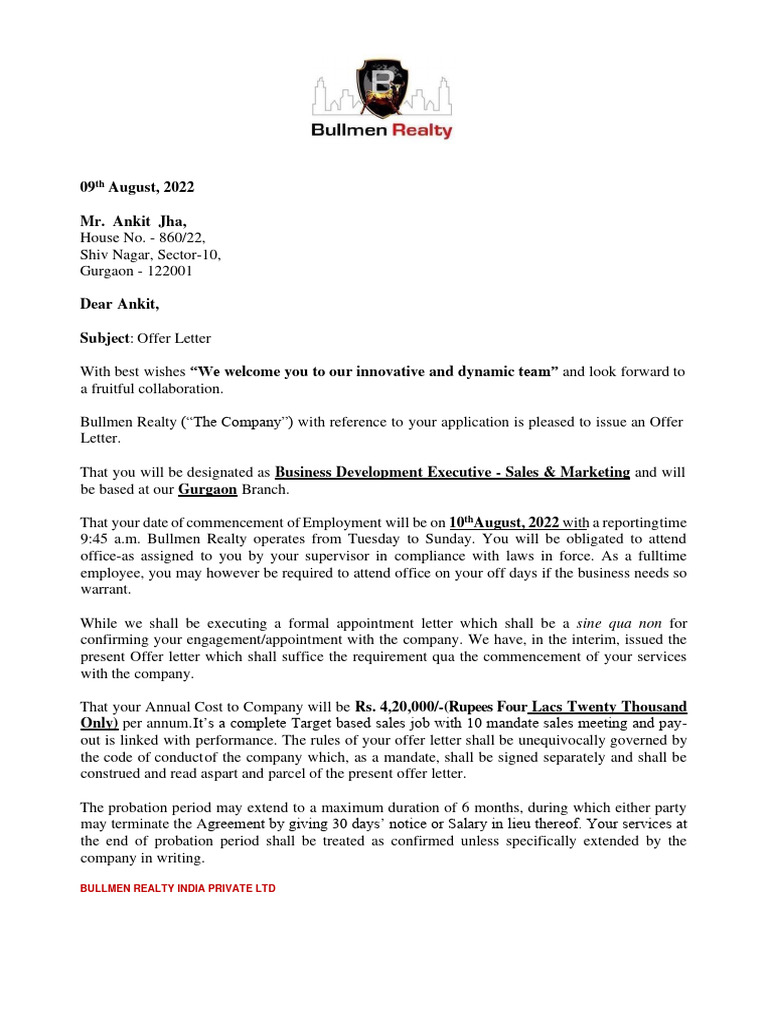 Offer Letter - Ankit Jha | Download Free PDF | Justice | Crime & Violence
