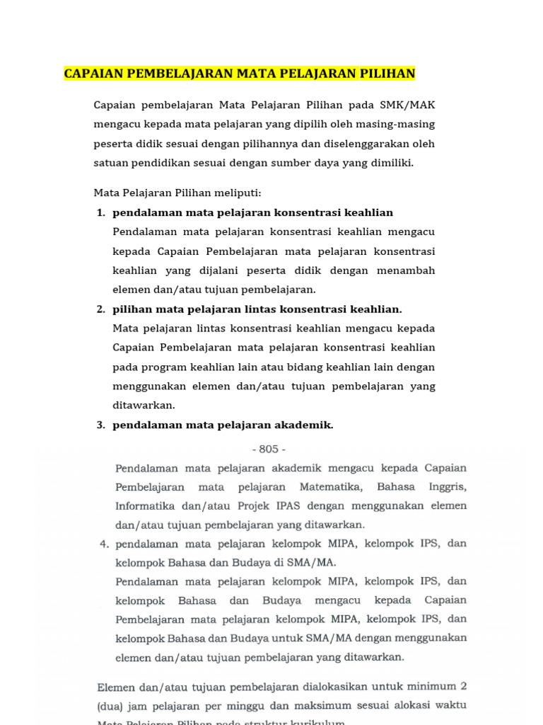 Capaian Pembelajaran Mapel Pilihan SMK | PDF