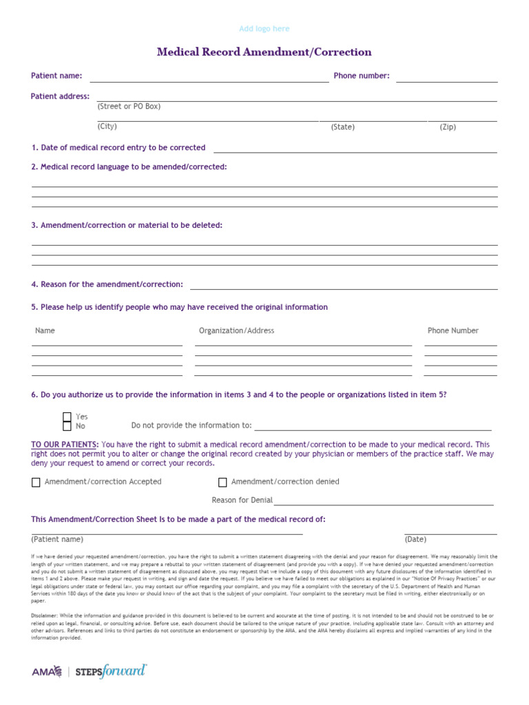 Steps Forward Request To Amend Medical Record | PDF