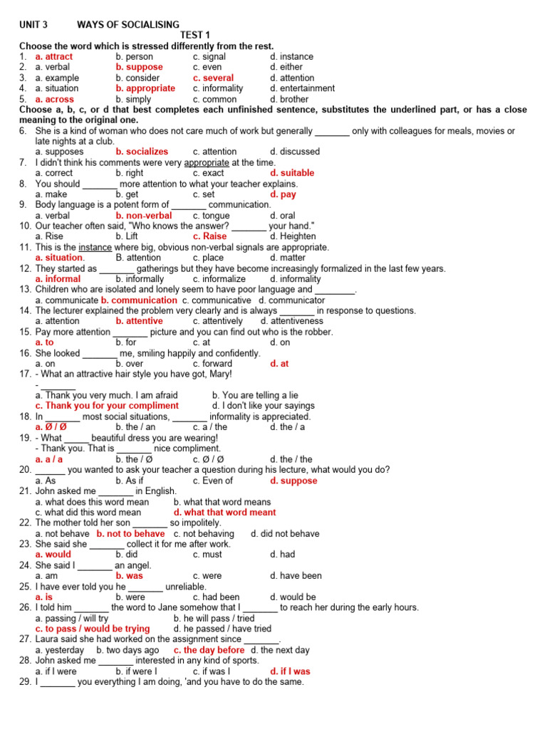Unit 3 - Ways of Socializing (12) Key | PDF | Nonverbal Communication | Communication