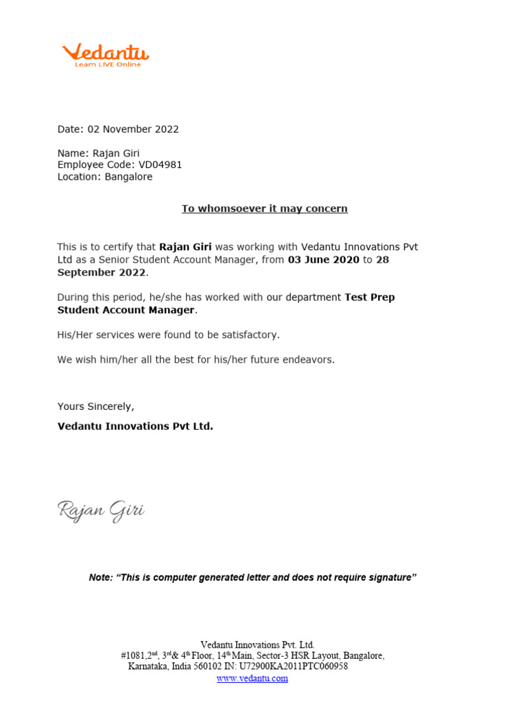Experience Letter for Rajan Giri | PDF