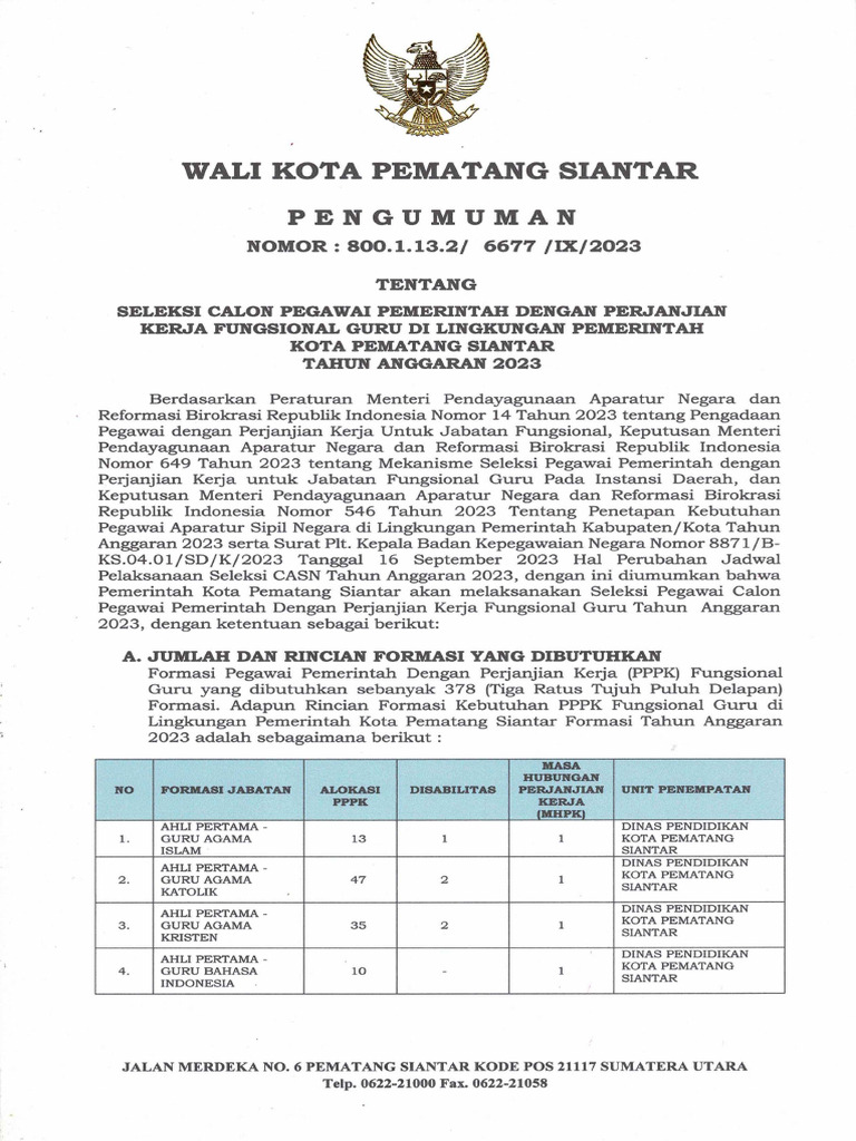 Pengumuman PPPK Guru Pematang Siantar Ta 2023 2 | PDF