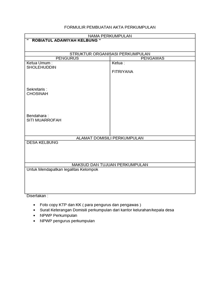 Formulir Pembuatan Akta Perkumpulan | PDF